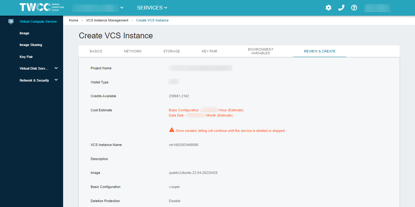 Create a VCS instance | TWS